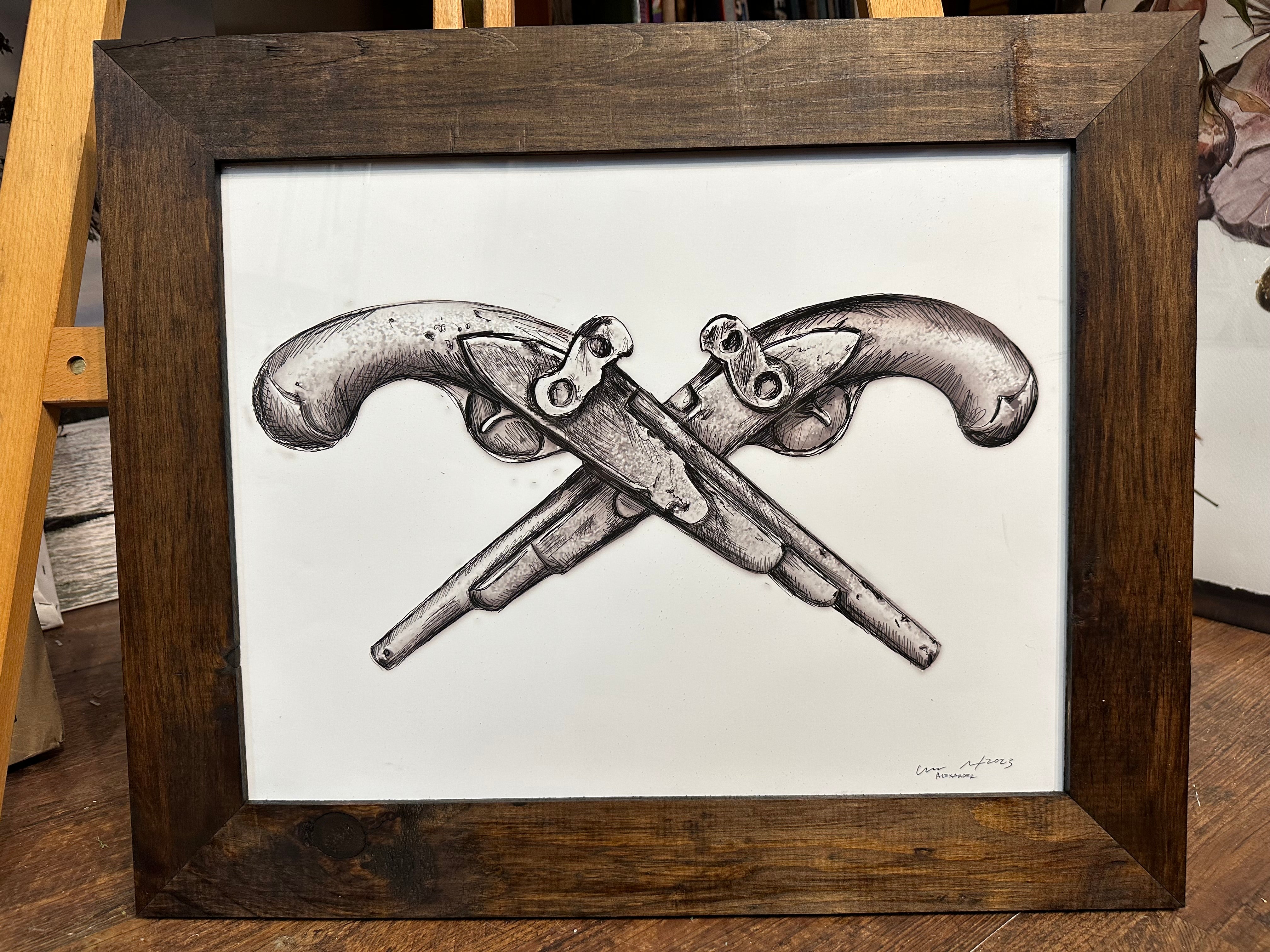 Pen & Ink Jean LaFitte Pistols – Candice Alexander Art Studio