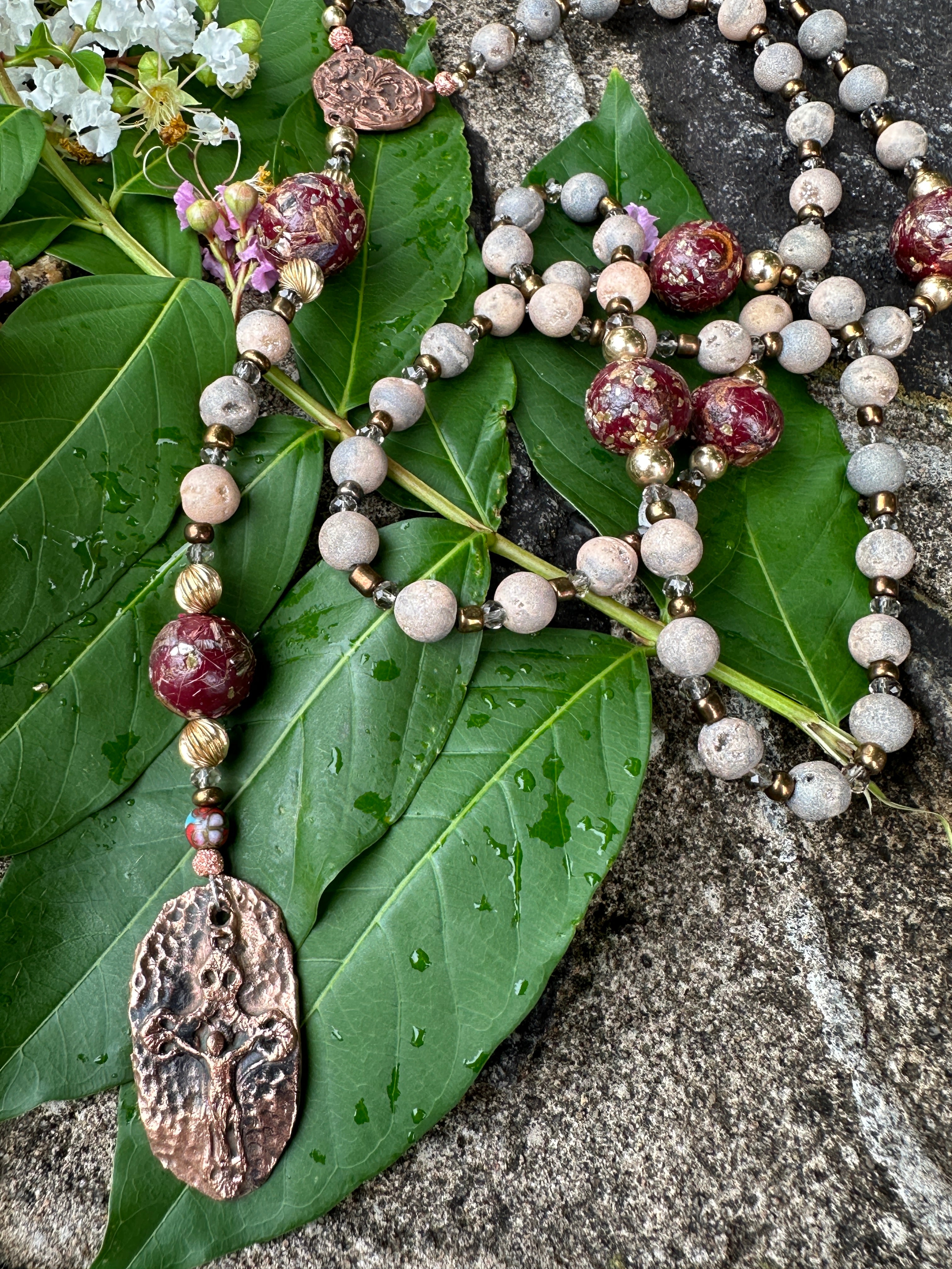 (Claret) Dried Flower and Semi-precious Stones with Kiln Fired Copper ...
